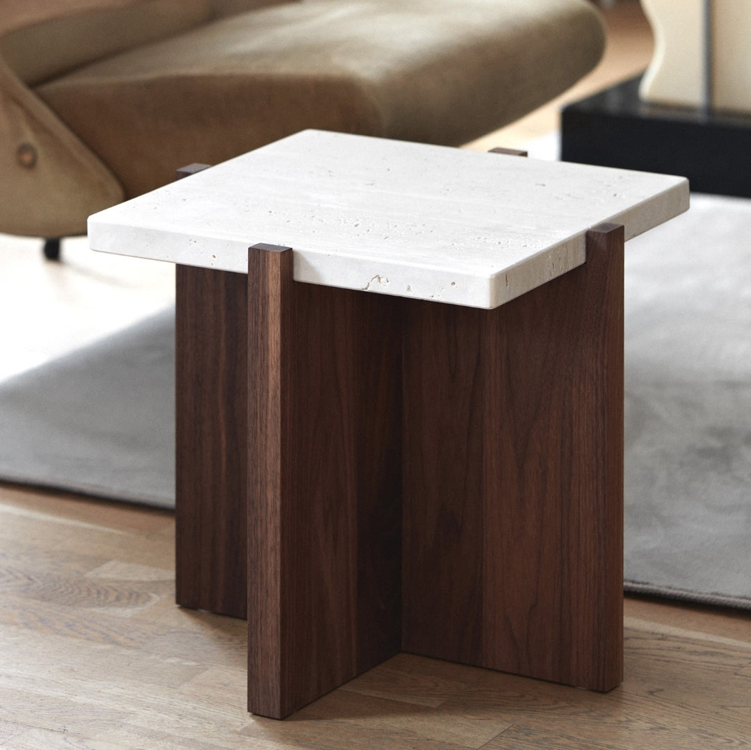 PS Bespoke Side Table in Travertine and Walnut – noearlybirds.se